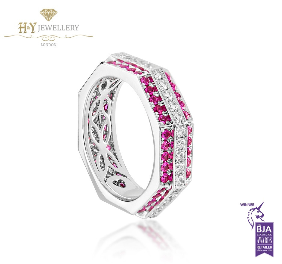 Ananya White Gold Balance Twin Ring set with Pink Sapphires and Diamonds